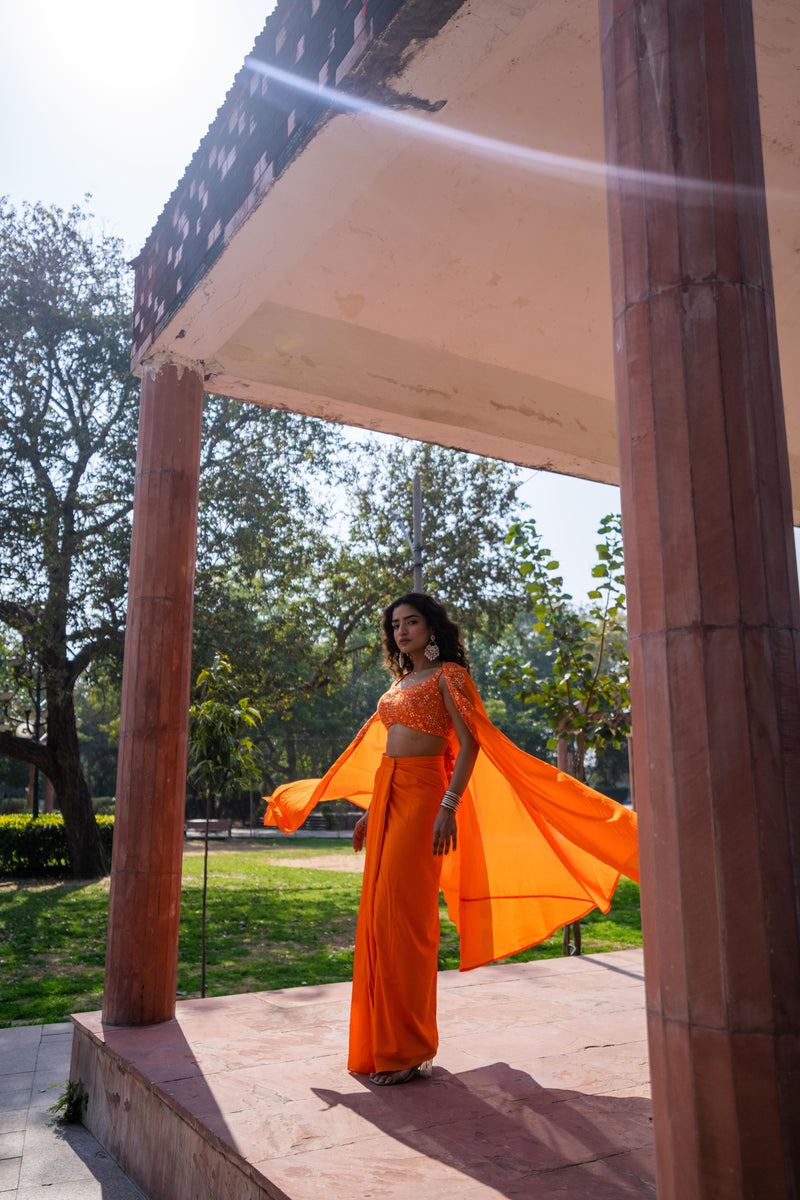 Marigold Mirage Embellished Blouse with Draped Skirt & Flowing Cape ...
