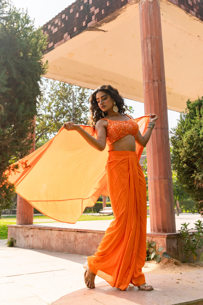 Marigold Mirage Embellished Blouse with Draped Skirt & Flowing Cape ...